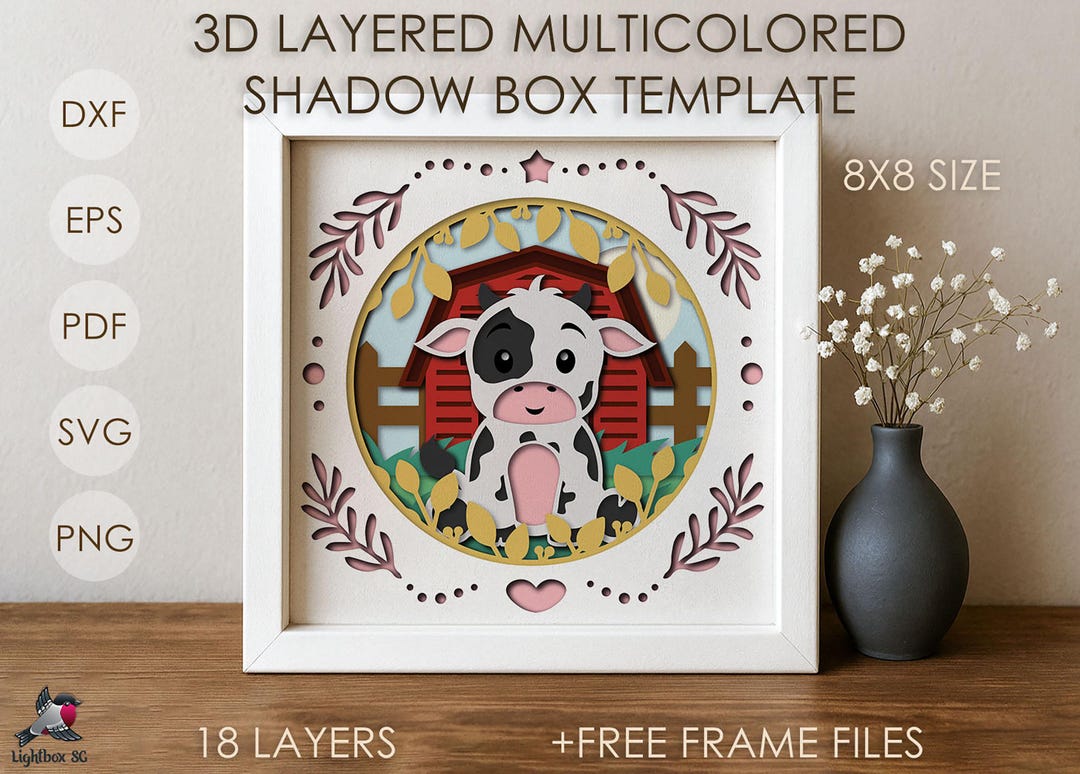 Farm Cow Baby Shadow Box SVG Template, Calf Colored Papercut Shadow Box ...
