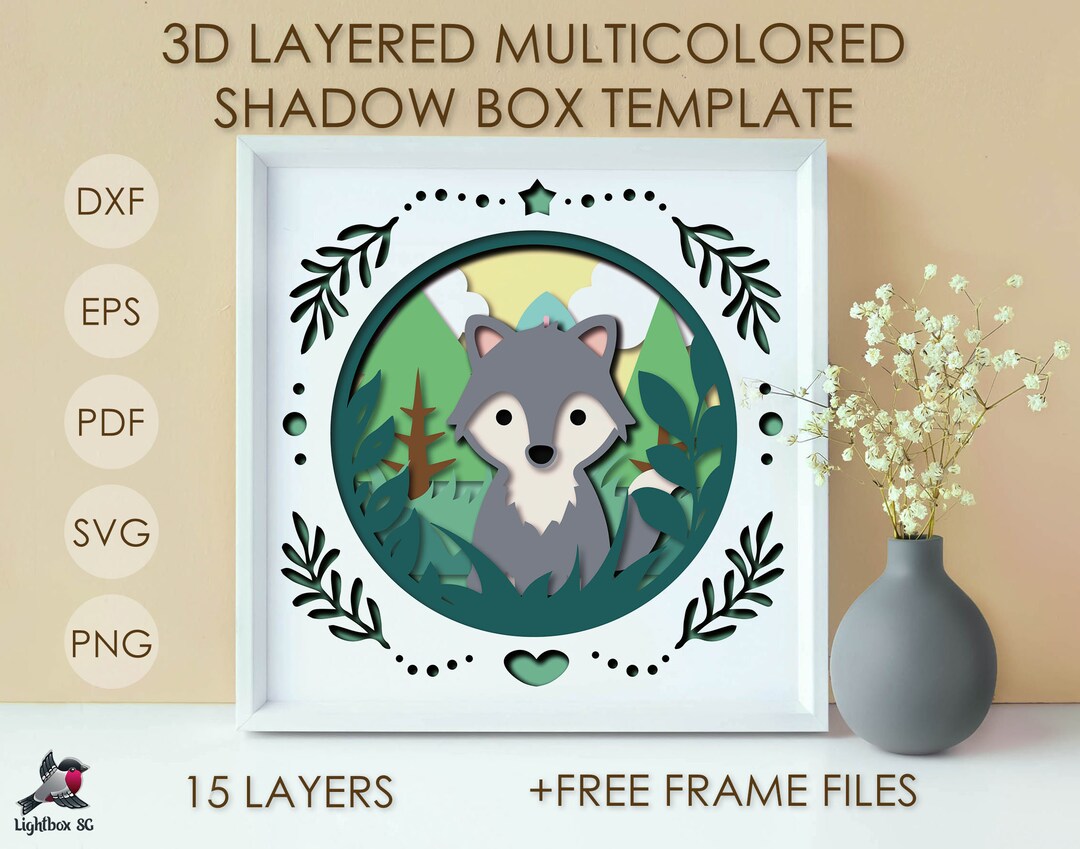 Forest Baby Wolf Shadow Box SVG Template, Colored Papercut Tree Shadow ...