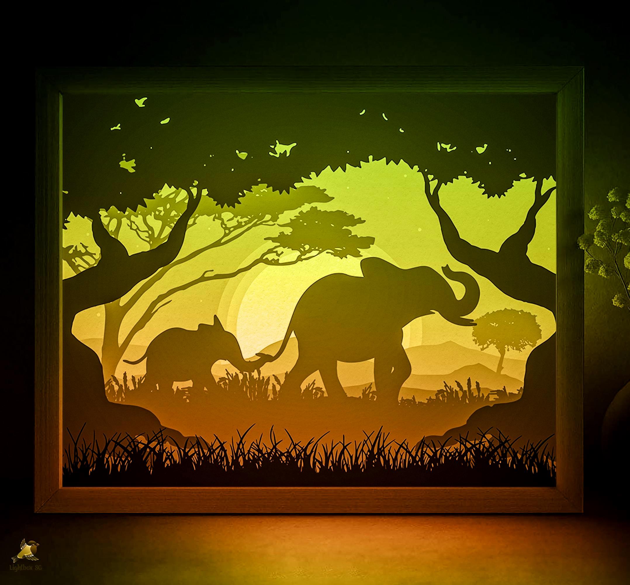 Elephant Safari Shadow Box SVG Template, African Papercut Lightbox ...
