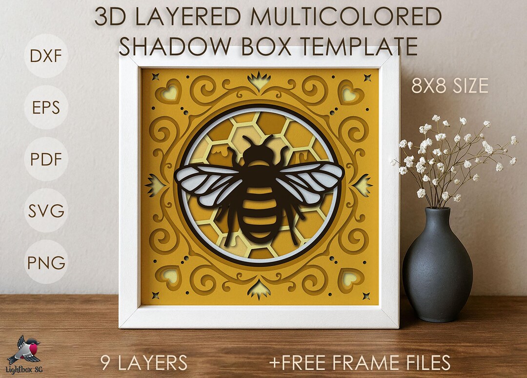 3D Bee Shadow Box SVG Template, Honeycomb Colored Papercut Shadow Box Cricut SVG, 3D Layers ...