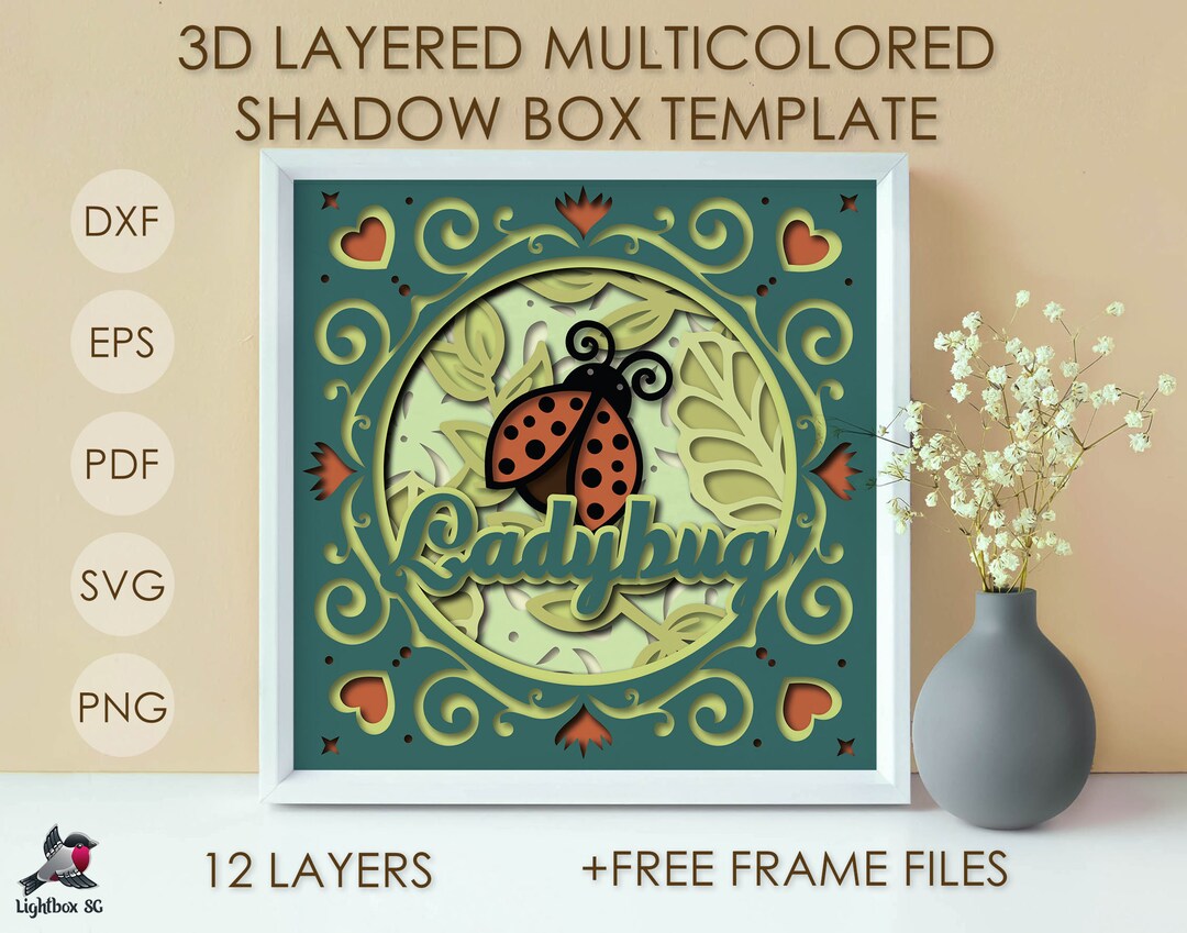 3D Ladybug Shadow Box SVG Template, Colored Plant Leaves Papercut ...