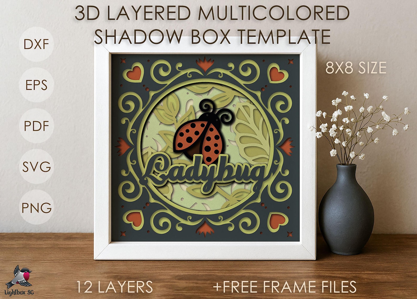 3D Ladybug Shadow Box SVG Template, Colored Plant Leaves Papercut ...