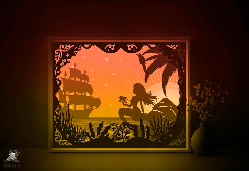 Sea Mermaid Shadow Box SVG Template Romantic Sunrise Papercut - Etsy