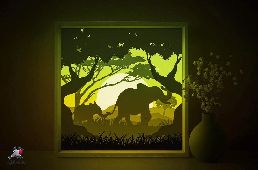 Elephant Safari Shadow Box SVG Template, African Papercut Lightbox ...