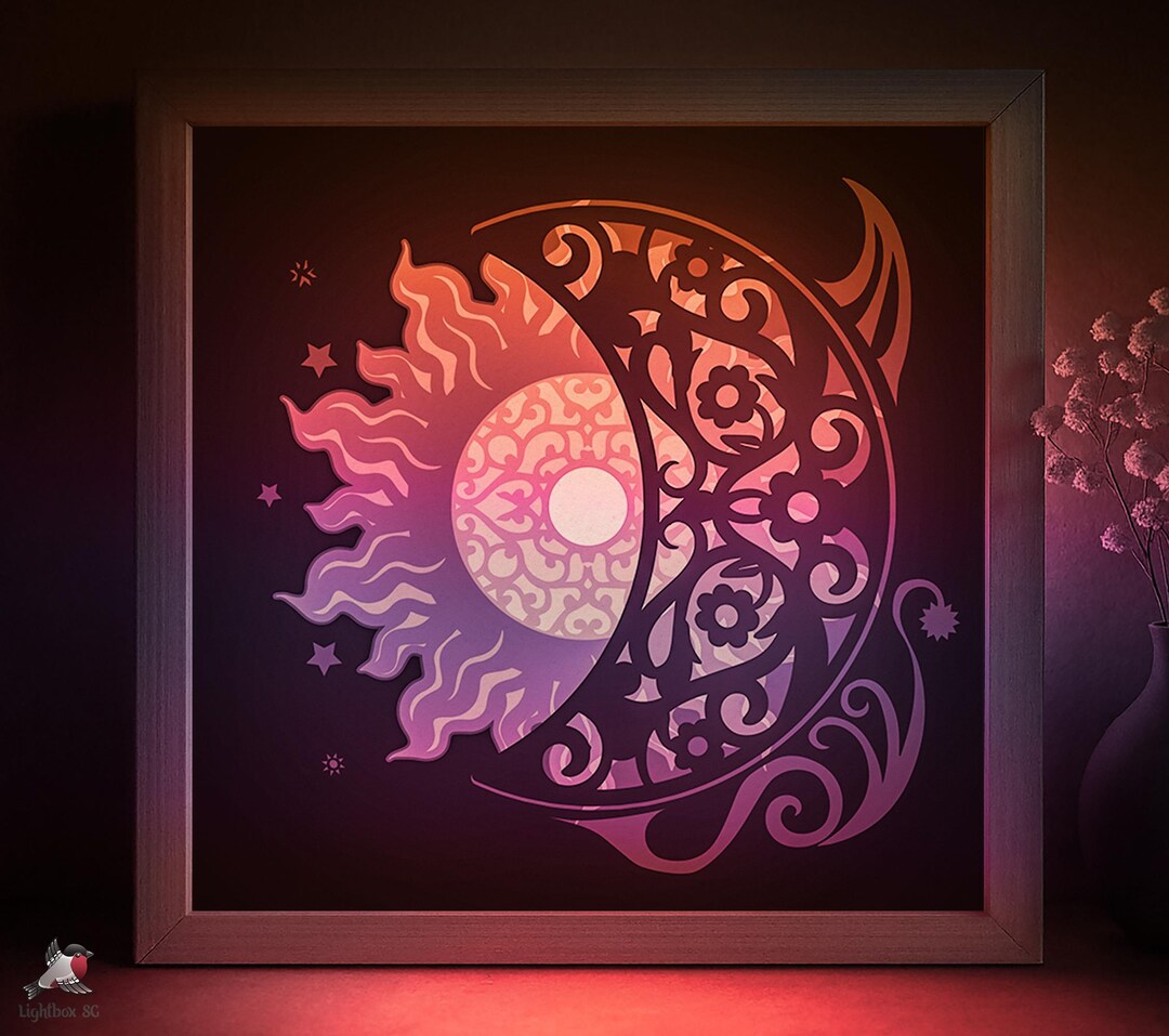 Moon and Sun Shadow Box SVG Template, Stars Pattern Papercut Lightbox ...