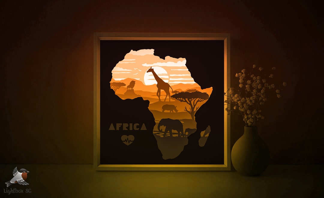 Africa Map Scape Shadow Box SVG Template, Safari Animals Papercut ...