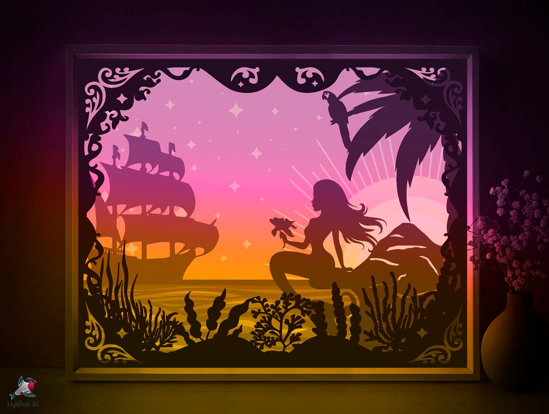 Sea Mermaid Shadow Box SVG Template, Romantic Sunrise Papercut Lightbox ...