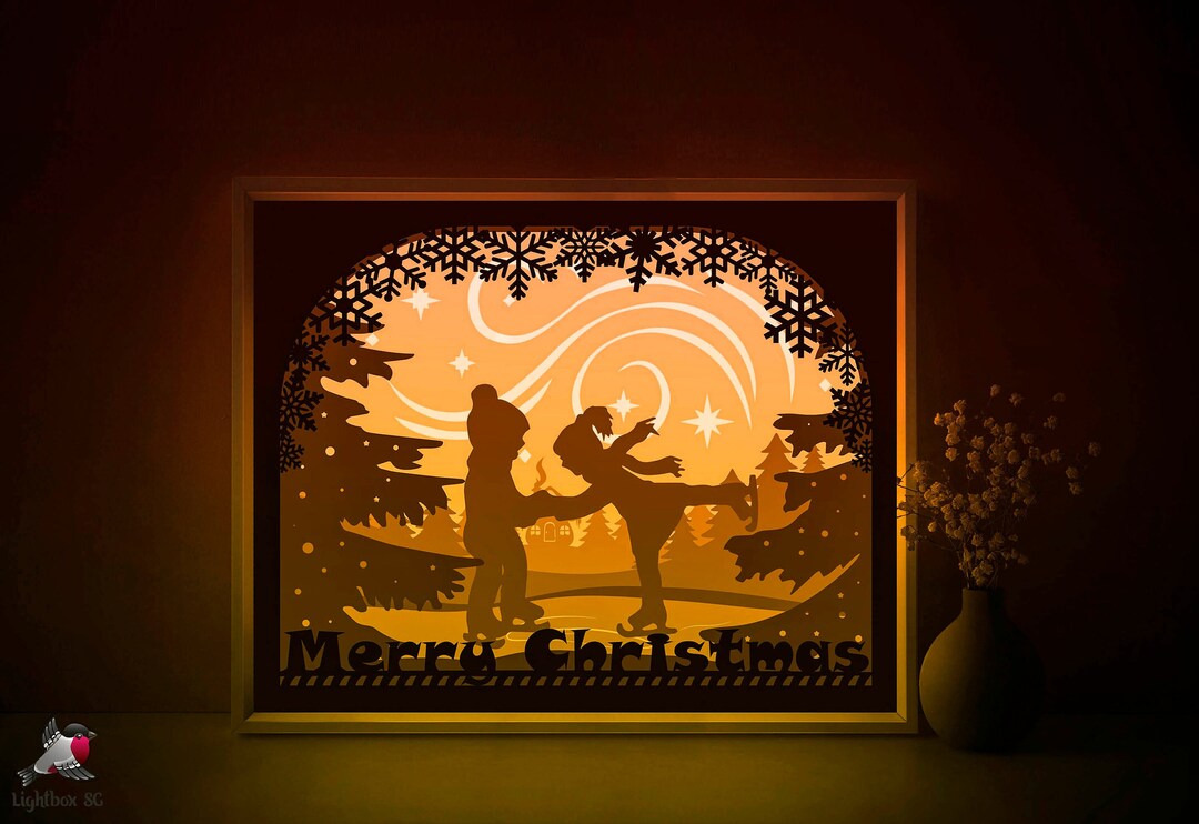 Merry Christmas Shadow Box SVG Template, Winter Fairytale Skating ...