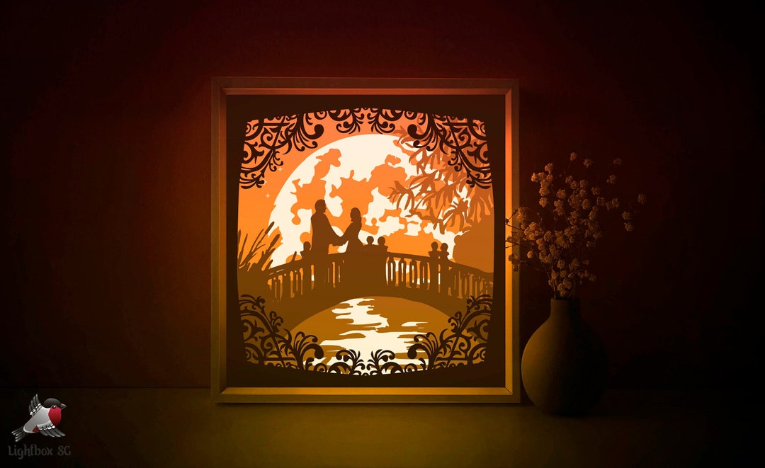Full Moon Shadow Box SVG Template, Romantic Love Pair Papercut Lightbox ...