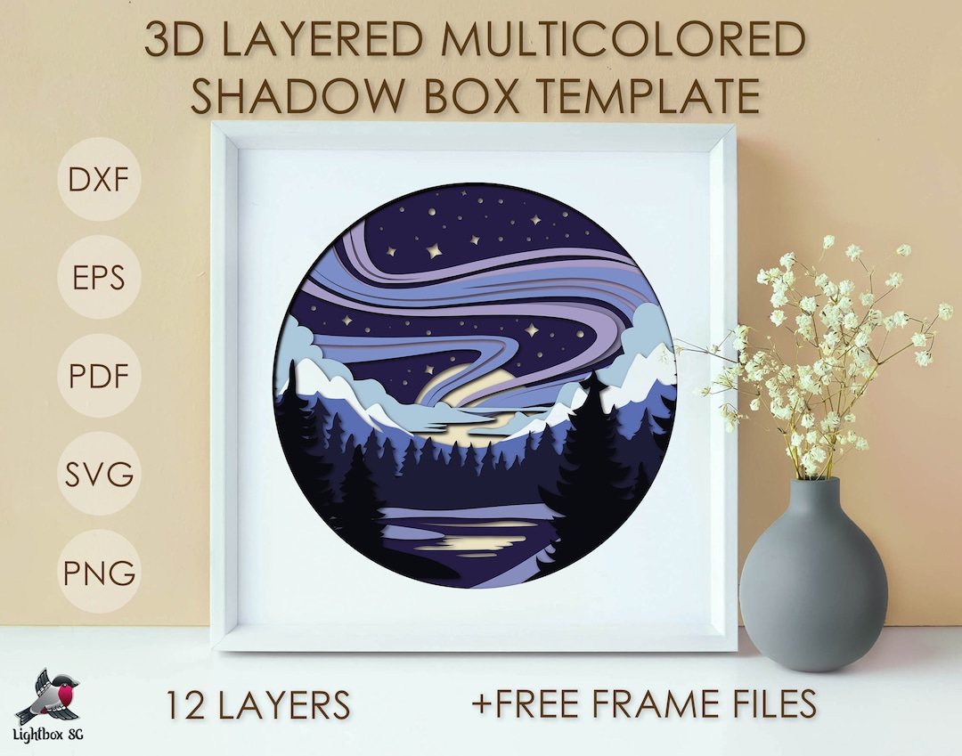3D Northern Lights Shadow Box SVG Template, Colored Papercut Mountains ...