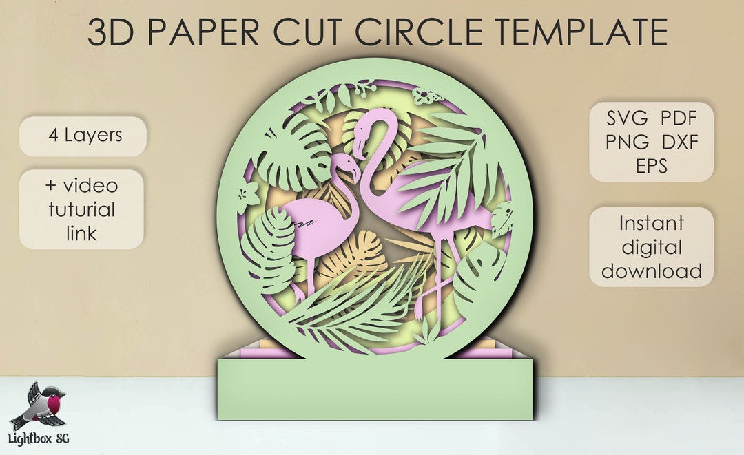Tropical Flamingo 3D Papercut Circle Lightbox SVG Template, Palm Leaves ...