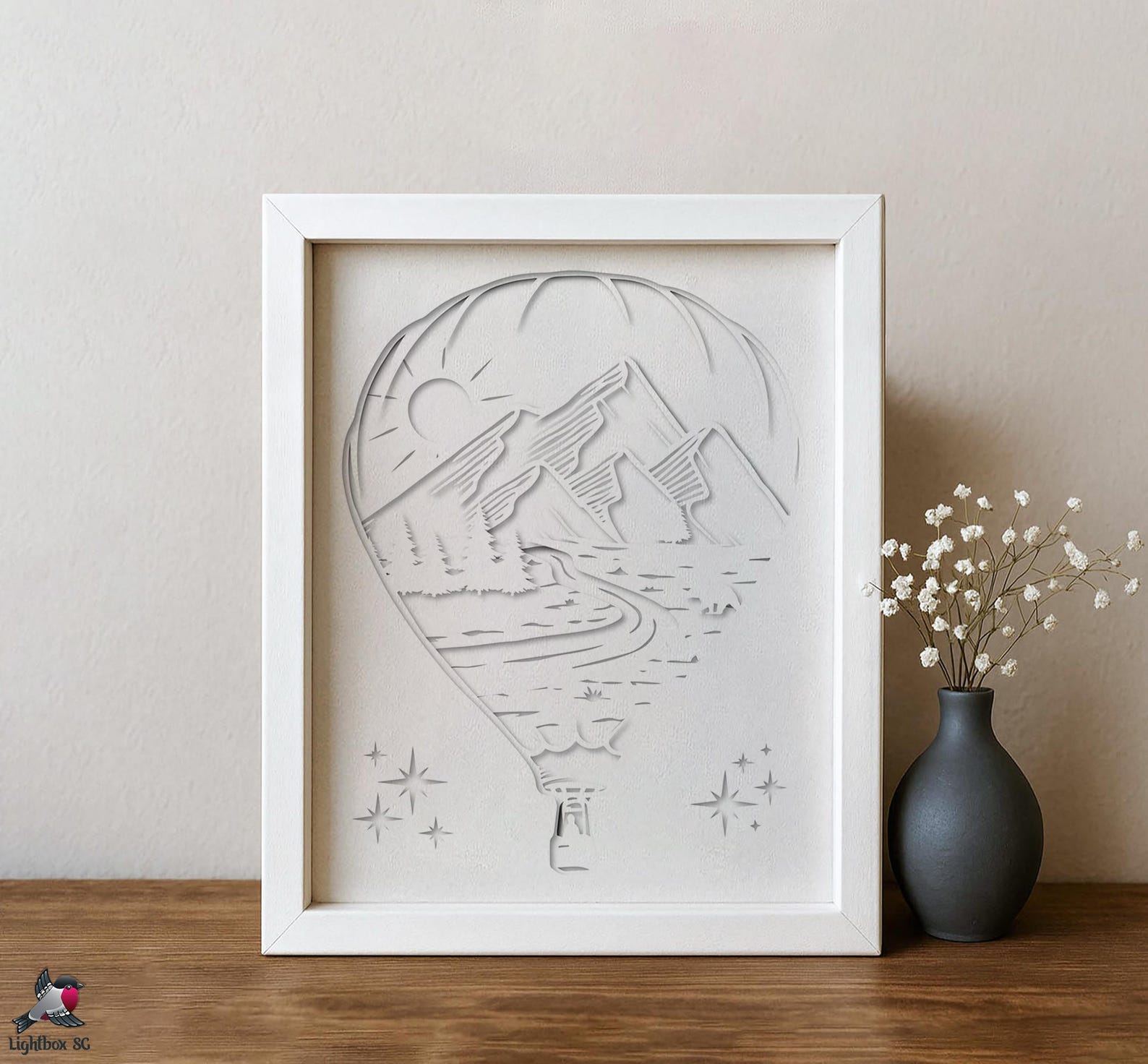 Forest Balloon Shadow Box SVG Template, Mountain River Nature Papercut ...