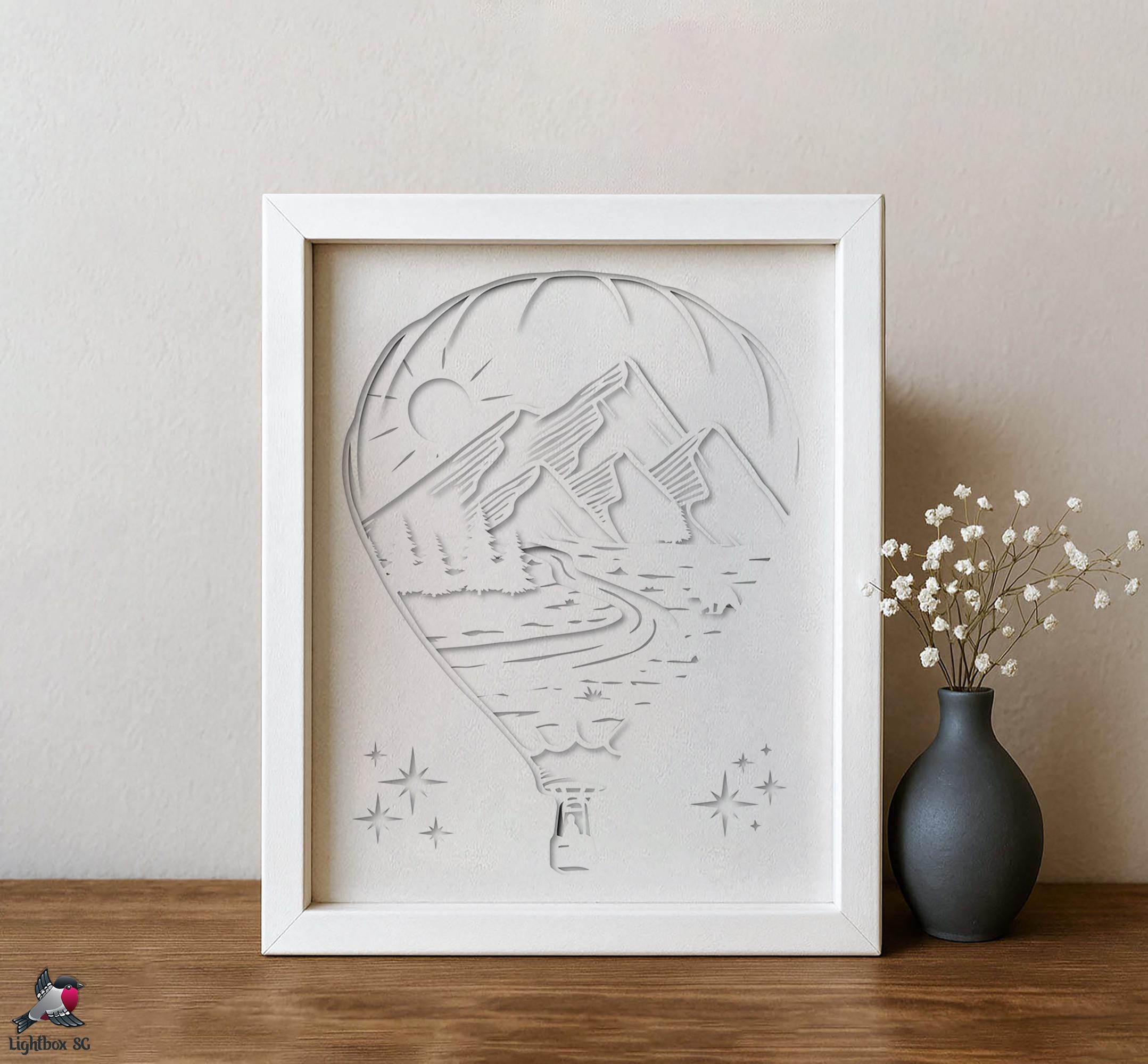 Forest Balloon Shadow Box SVG Template, Mountain River Nature Papercut ...