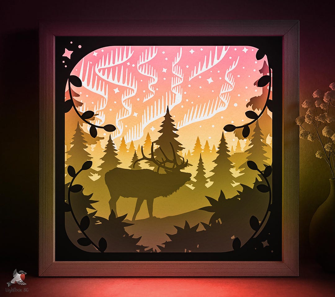 Forest Elk Shadow Box SVG Template, Northern Nature Papercut Lightbox ...