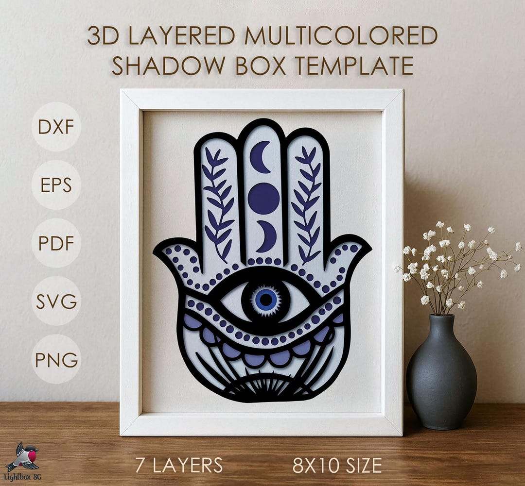 3D Hamsa Hand Shadow Box SVG Template, Colored Evil Eye Pattern ...