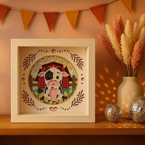Farm Cow Baby Shadow Box SVG Template, Calf Colored Papercut Shadow Box ...
