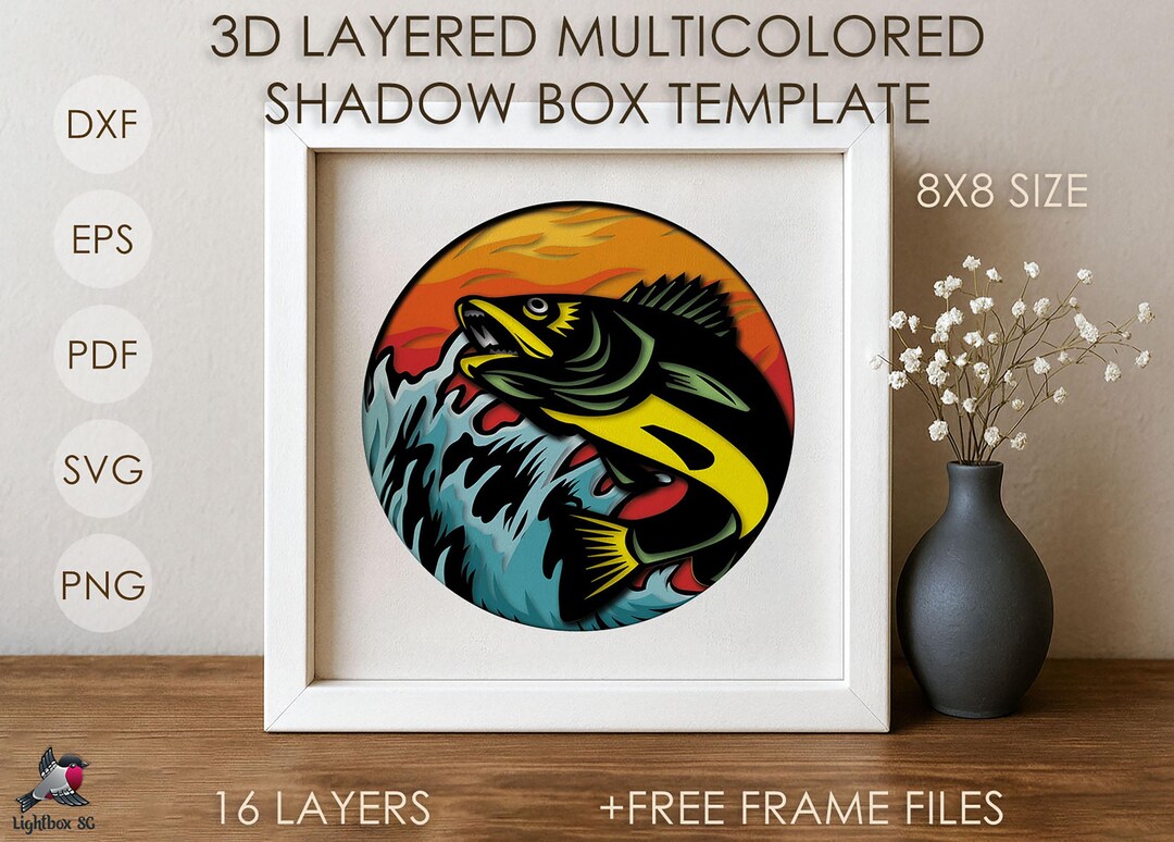 Sea Fish Shadow Box SVG Template, Fishing Colored Papercut Shadow Box ...