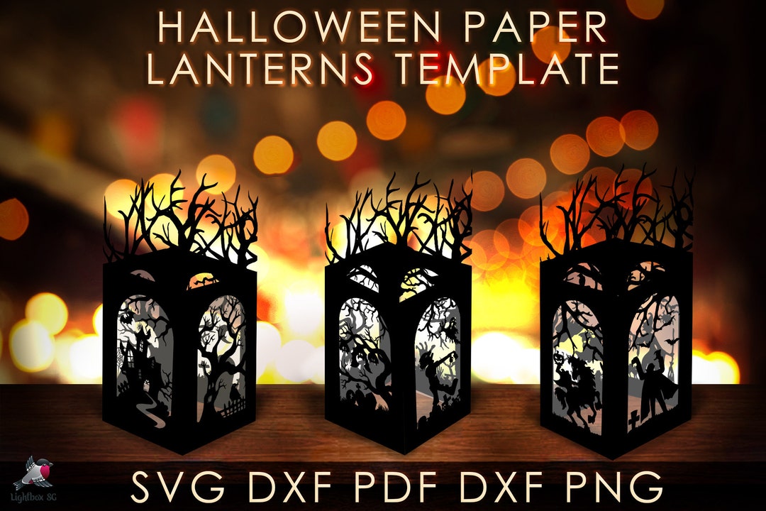 3 Halloween Lantern Templates, Horror Scene Paper Cut Diy Lantern ...