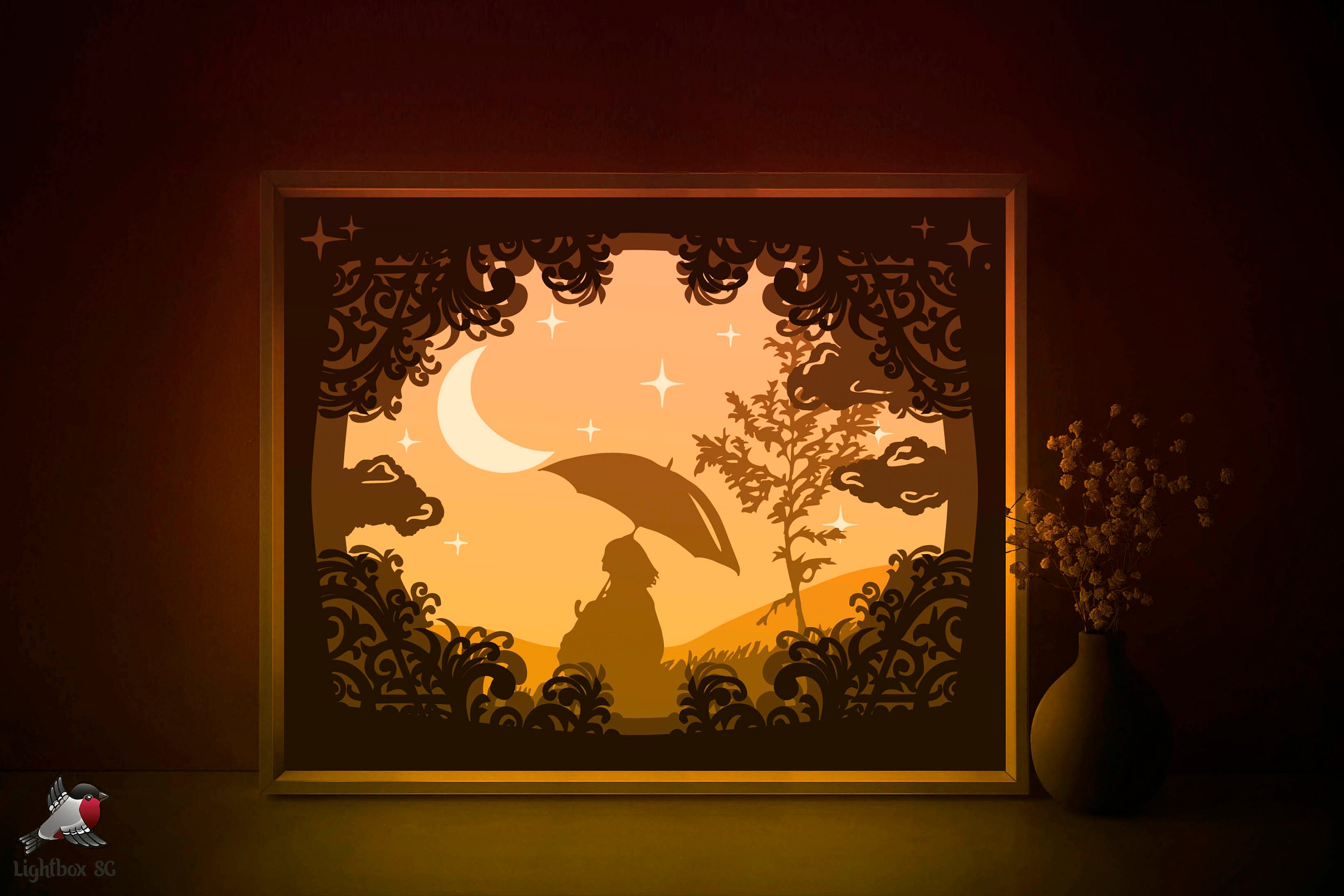 Night Sky Shadow Box SVG Template Girl With Umbrella Papercut - Etsy