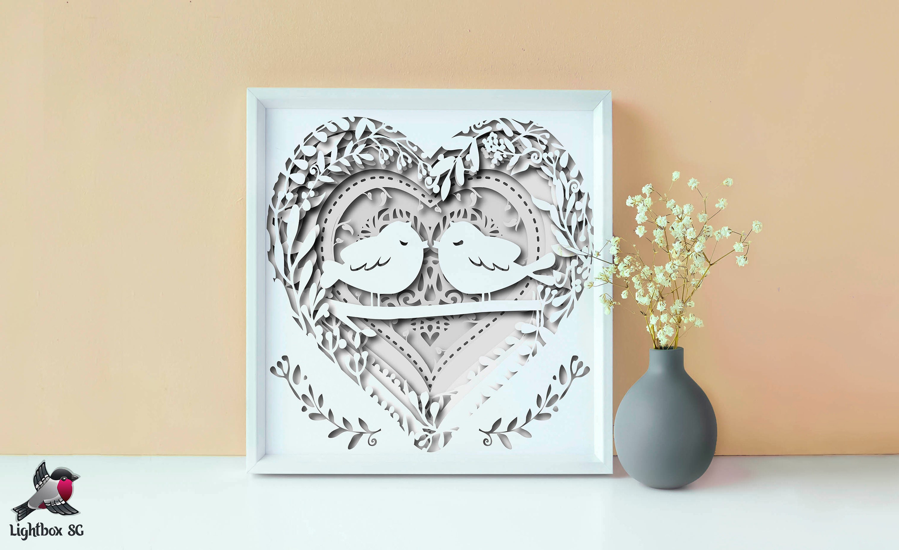 Love Birds Shadow Box SVG Template Flower Heart Papercut - Etsy UK