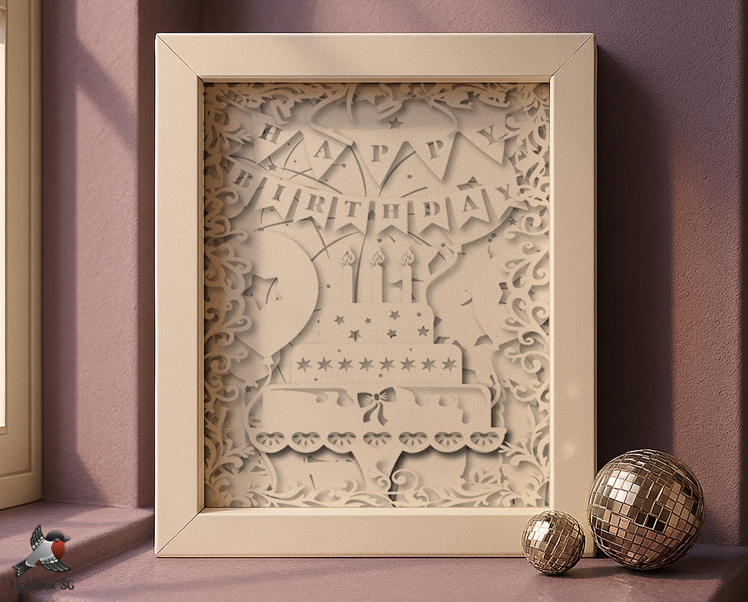 Happy Birthday Shadow Box SVG Template, Party Cake Silhouette Papercut ...