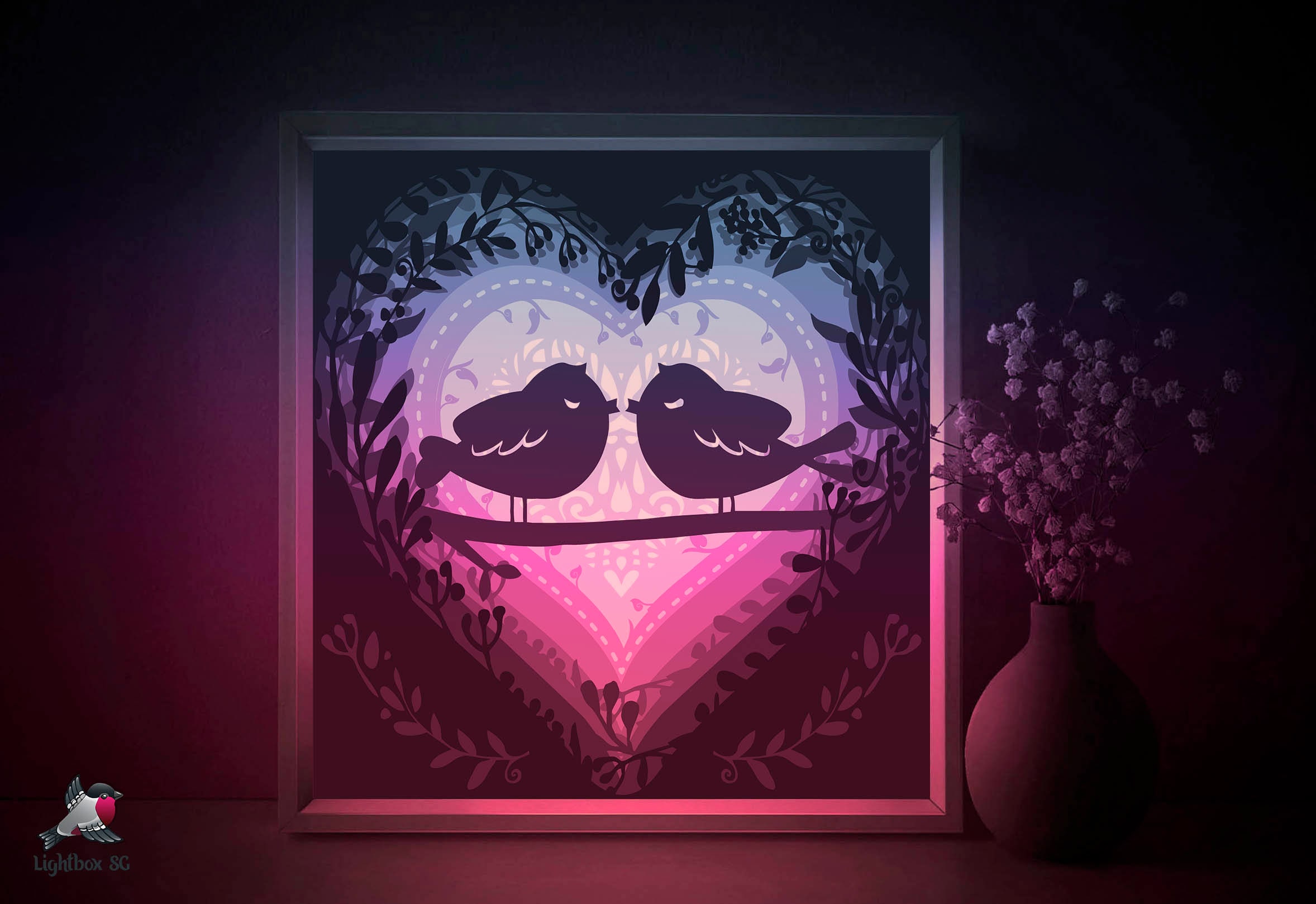 Love Birds Shadow Box SVG Template Flower Heart Papercut - Etsy