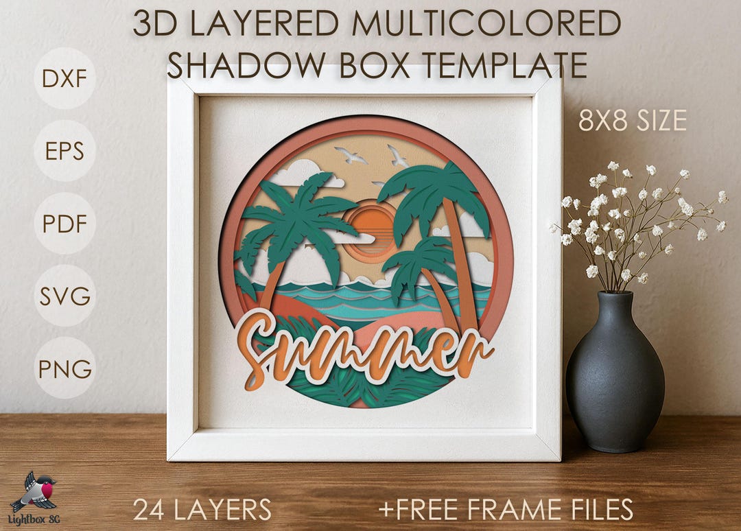 3D Summer Shadow Box SVG Template, Colored Sea Papercut Palm Trees ...