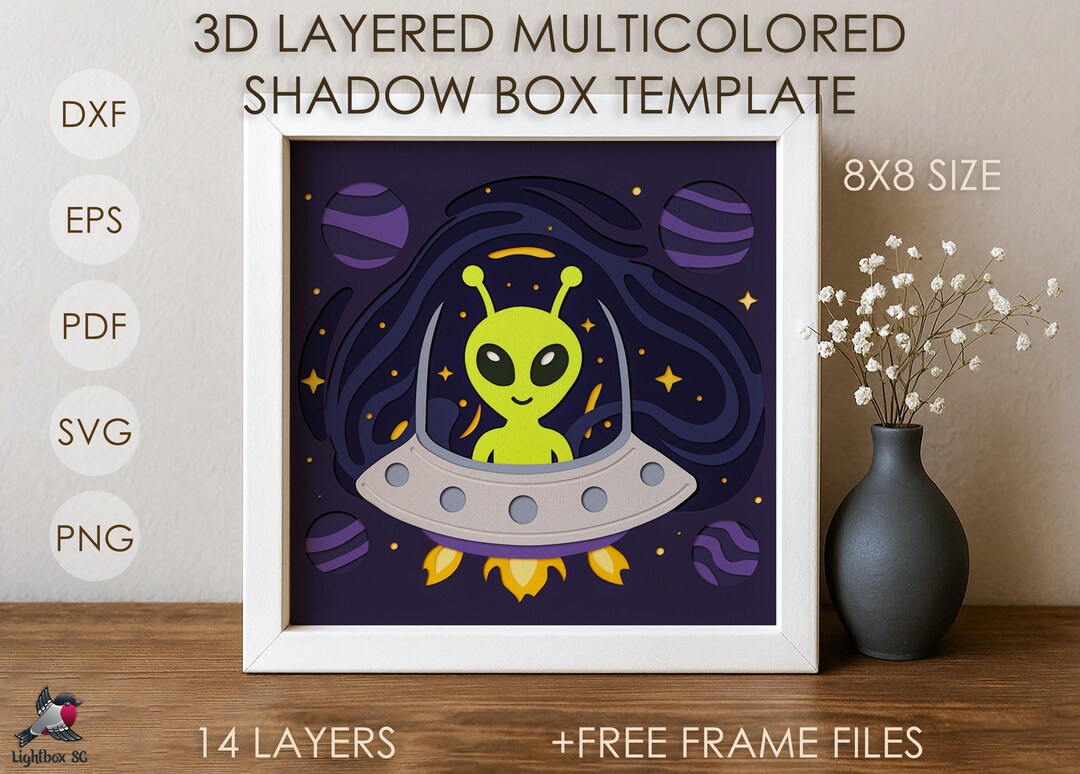 Alien Shadow Box SVG Template, Ufo Spaceship Colored Papercut Shadow ...