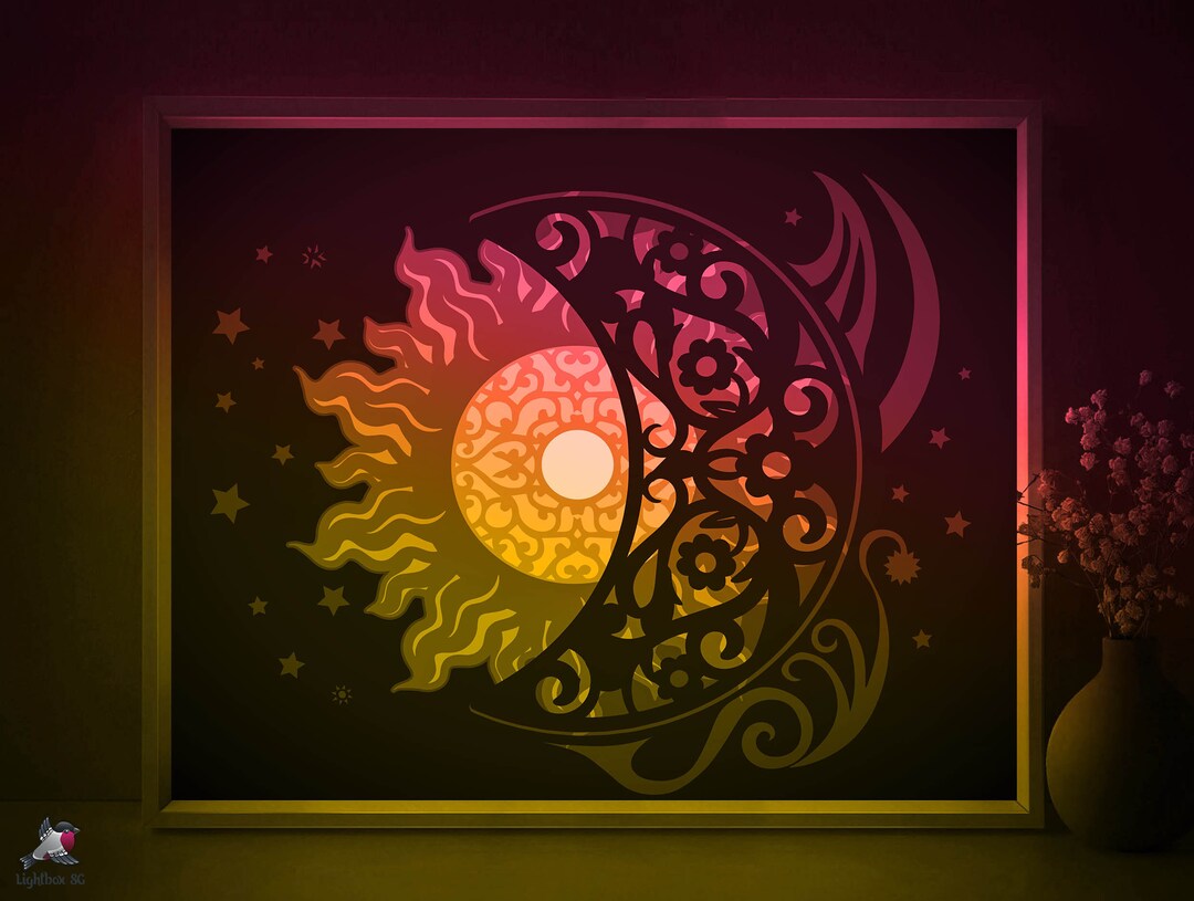 Moon and Sun Shadow Box SVG Template, Stars Pattern Papercut Lightbox ...