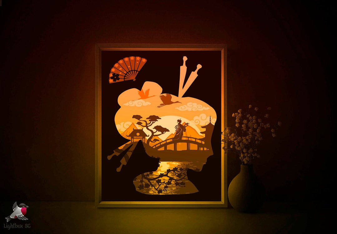 Japan Scape Shadow Box SVG Template, Japanese Geisha Papercut Lightbox ...