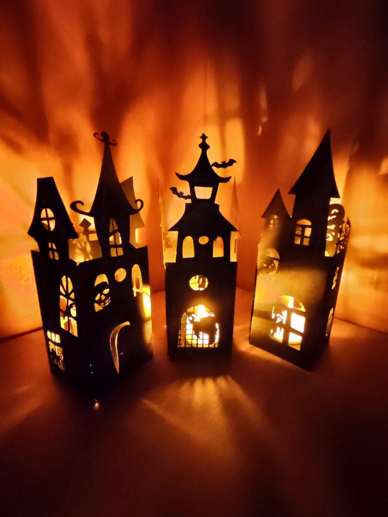 3 Halloween Lantern Templates, Haunted Gothic Castle Paper Cut Diy ...