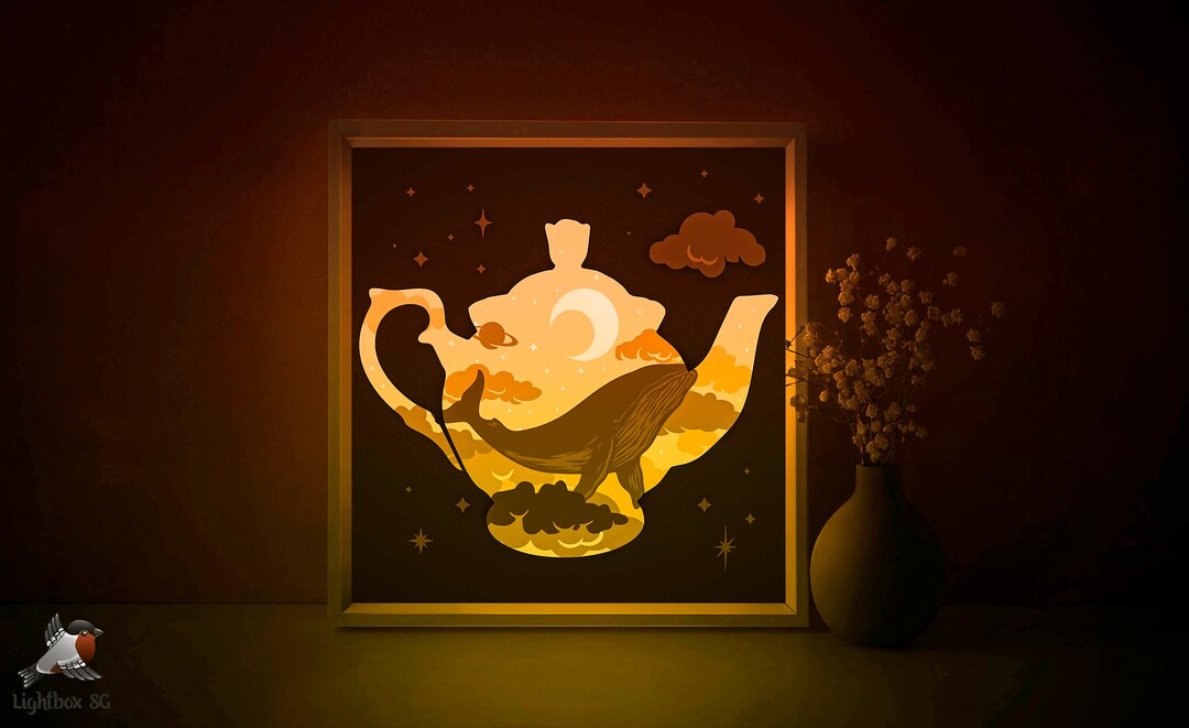 Modèle SVG Flying Whale Shadow box, théière de conte de fées Papercut ...
