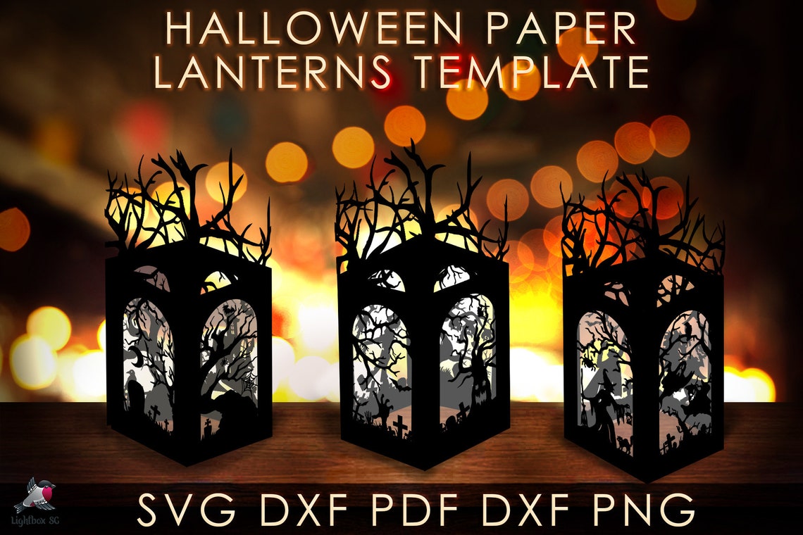 3 Halloween Lantern Templates, Horror Scene Paper Cut Diy Lantern ...