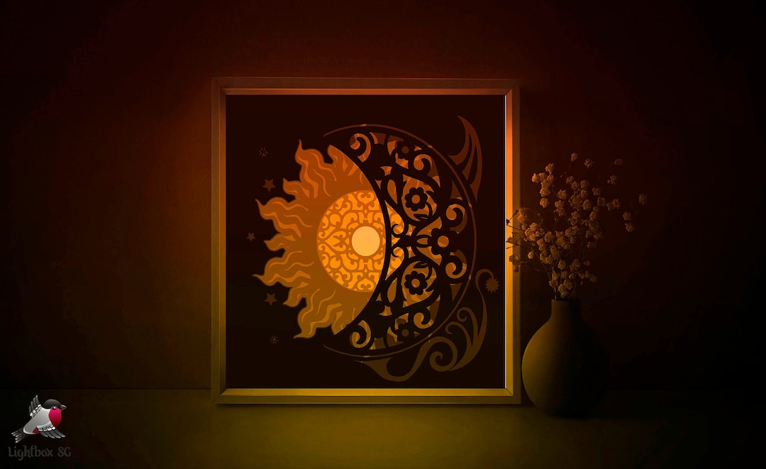 Moon and Sun Shadow Box SVG Template, Stars Pattern Papercut Lightbox ...