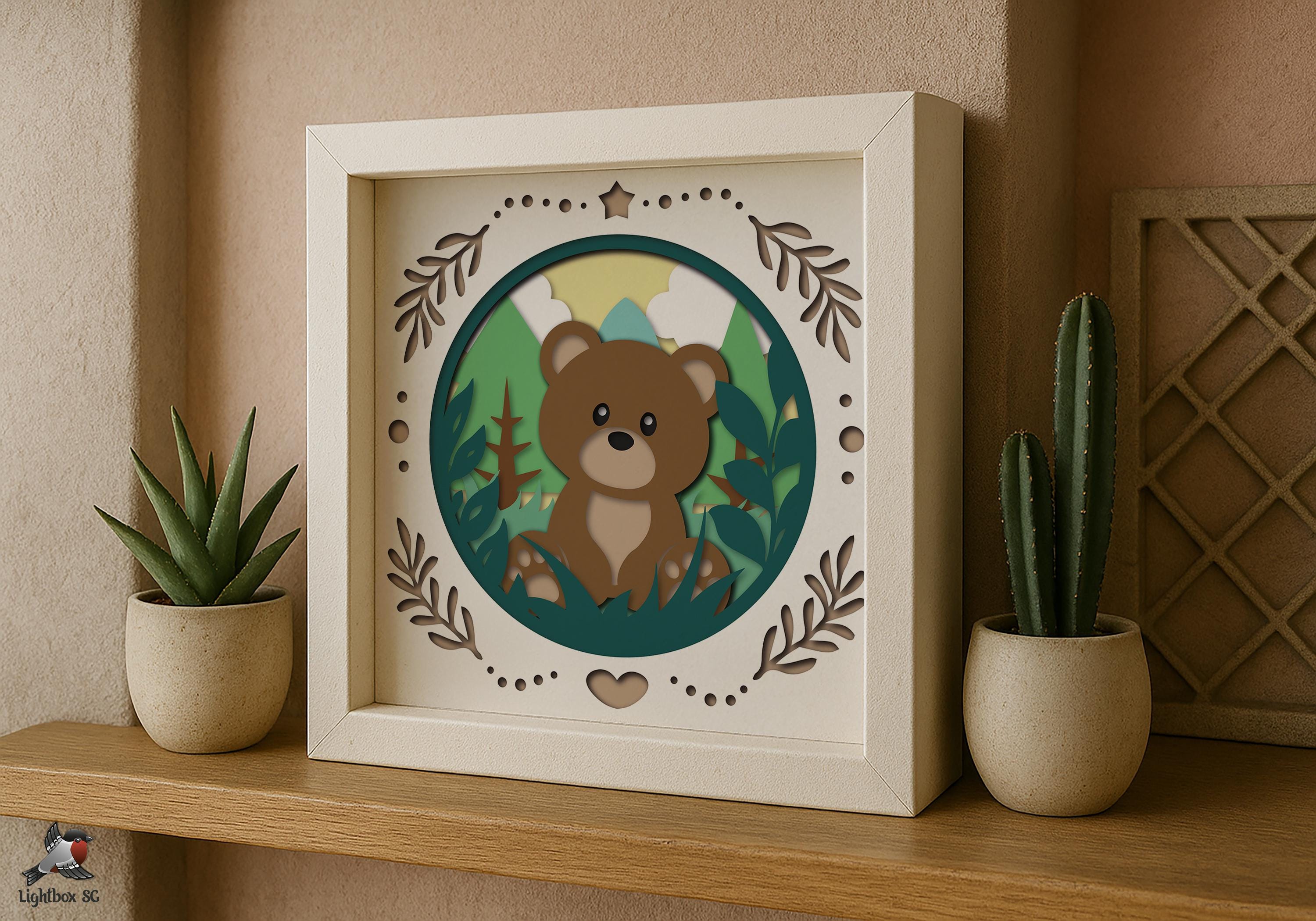 Forest Baby Bear Shadow Box SVG Template, Colored Papercut Tree Shadow ...