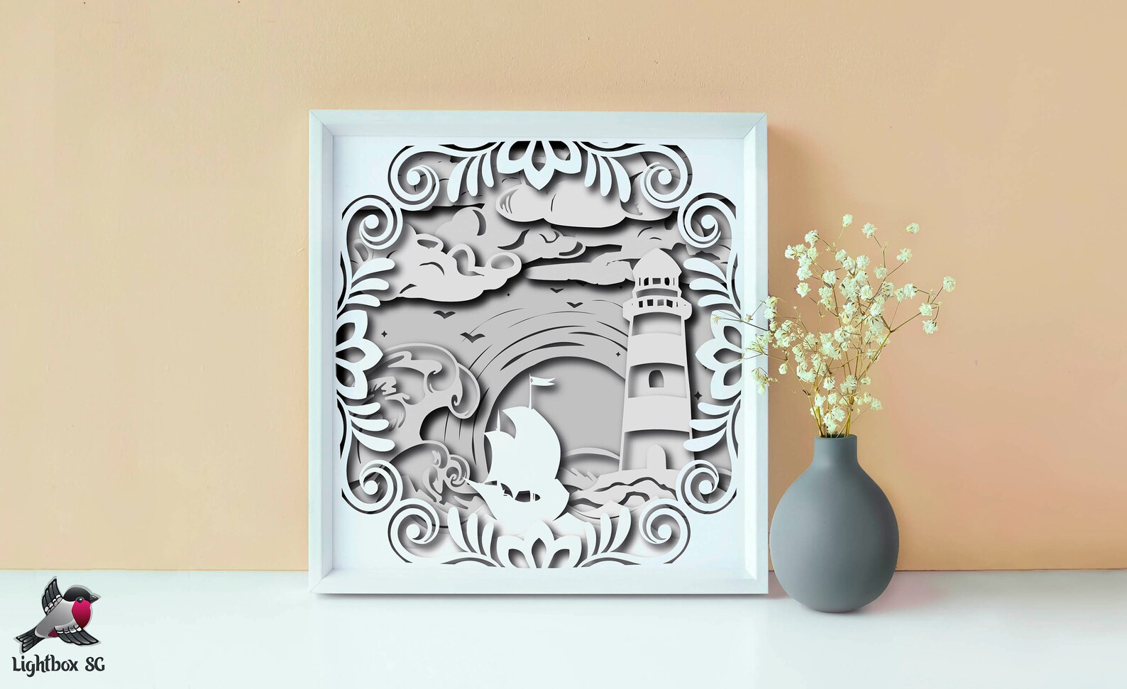 Sea Lighthouse Shadow Box SVG Template Waves Silhouette - Etsy