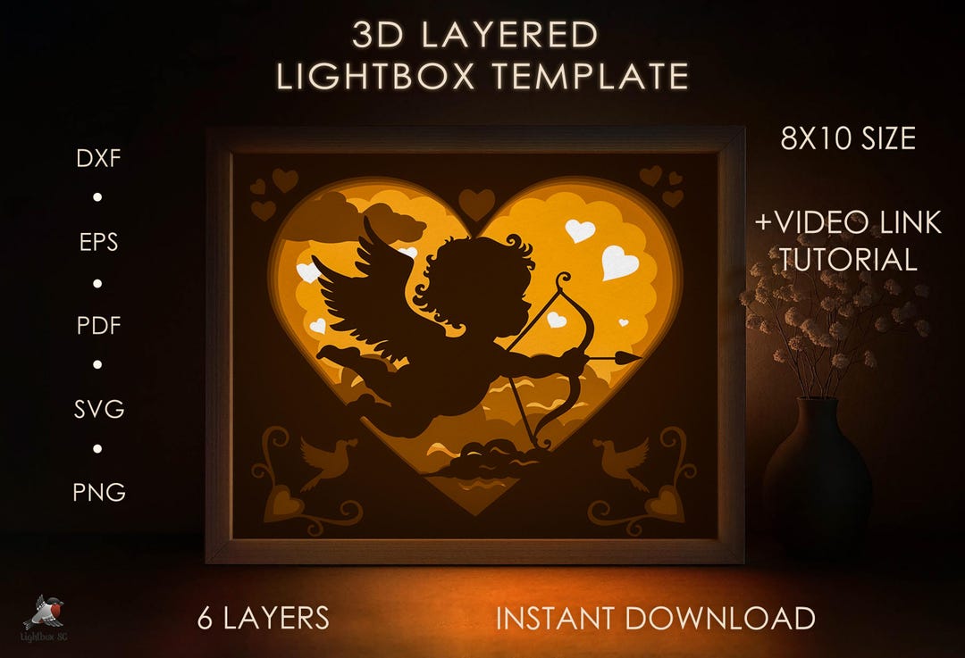 Cupid Angel Shadow Box SVG Template, St Valentines Papercut Lightbox ...