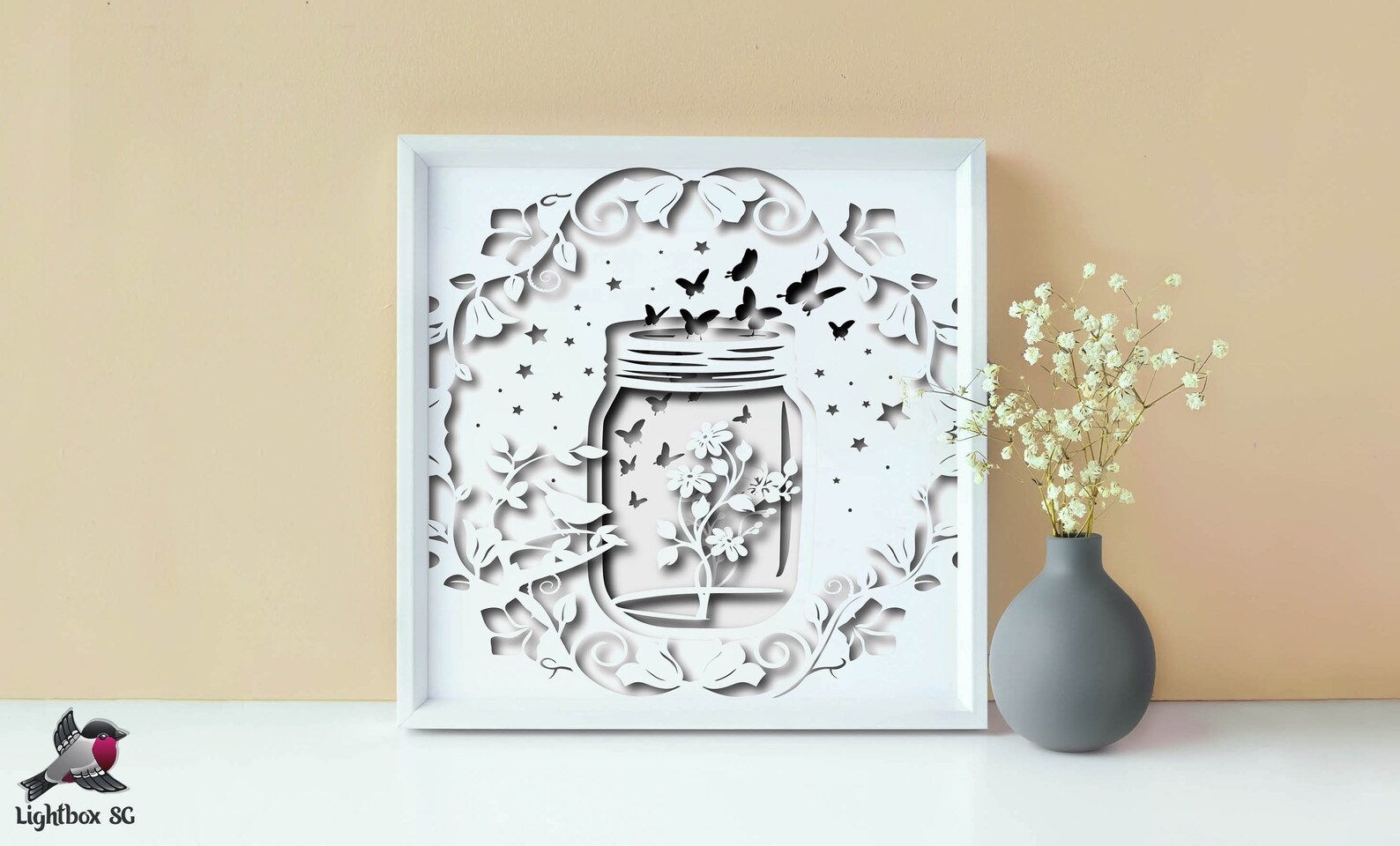 Flower Jar Shadow Box SVG Template, Fairytale Butterflies Papercut ...
