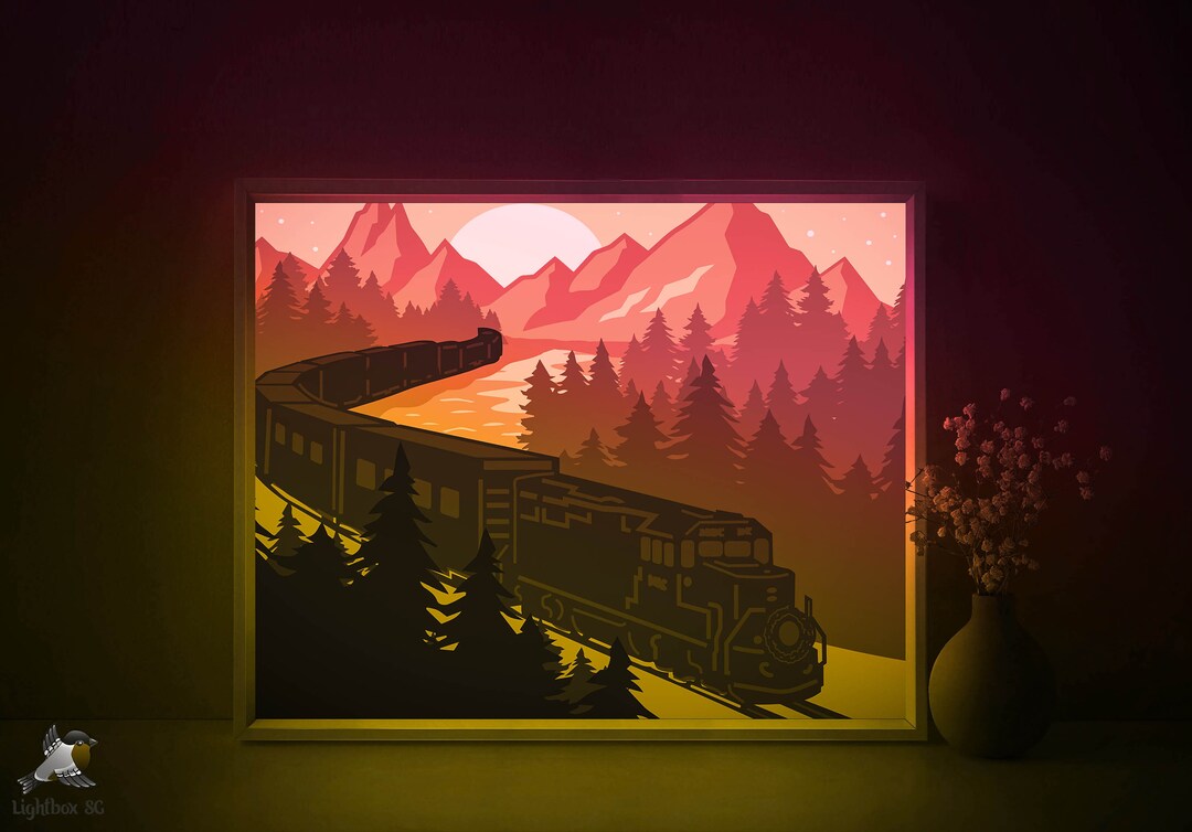 Night Train Shadow Box SVG Template, Mountain Forest Lake Nature ...