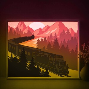 Night Train Shadow Box SVG Template, Mountain Forest Lake Nature ...