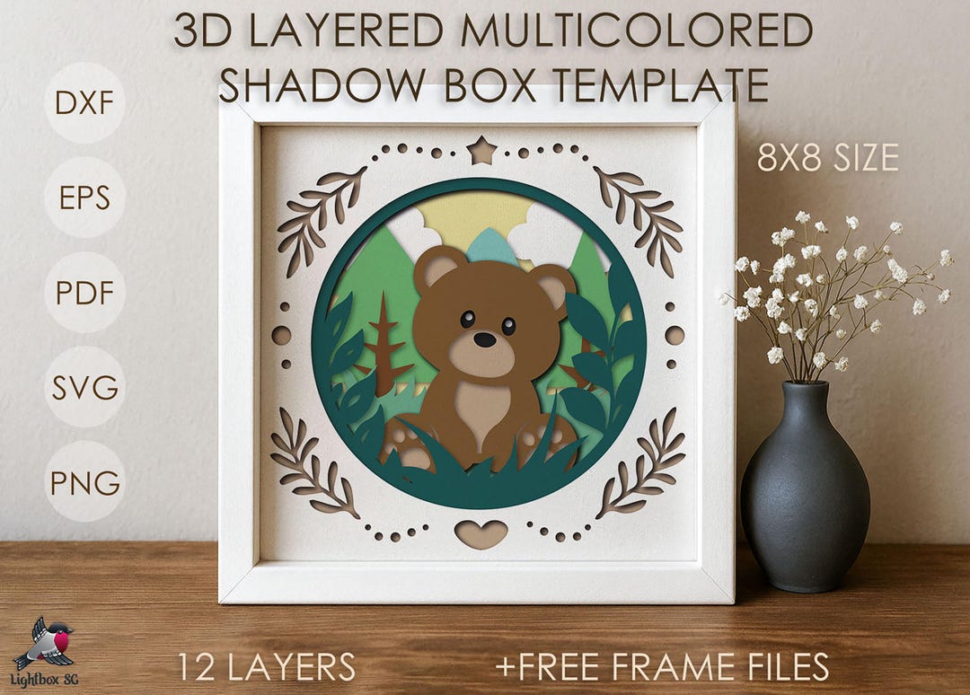 Forest Baby Bear Shadow Box SVG Template, Colored Papercut Tree Shadow ...