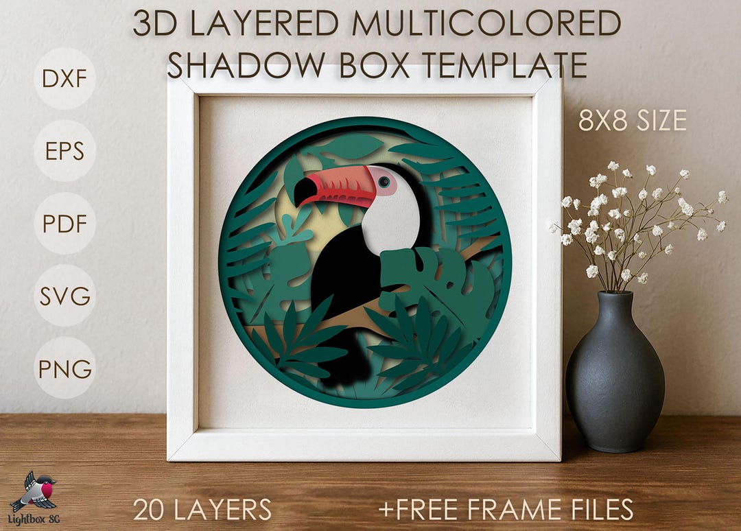 3D Tookan Bird Shadow Box SVG Template, Tropical Colored Papercut ...