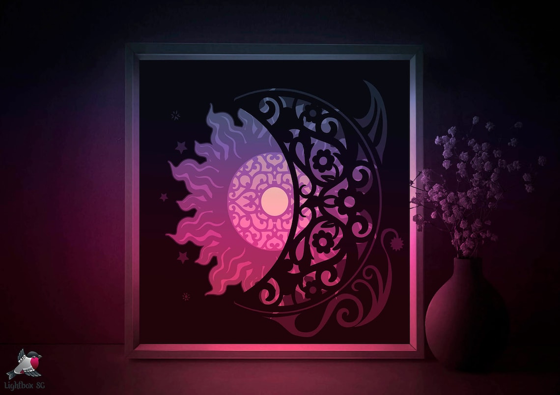 Moon and Sun Shadow Box SVG Template Stars Pattern Papercut - Etsy