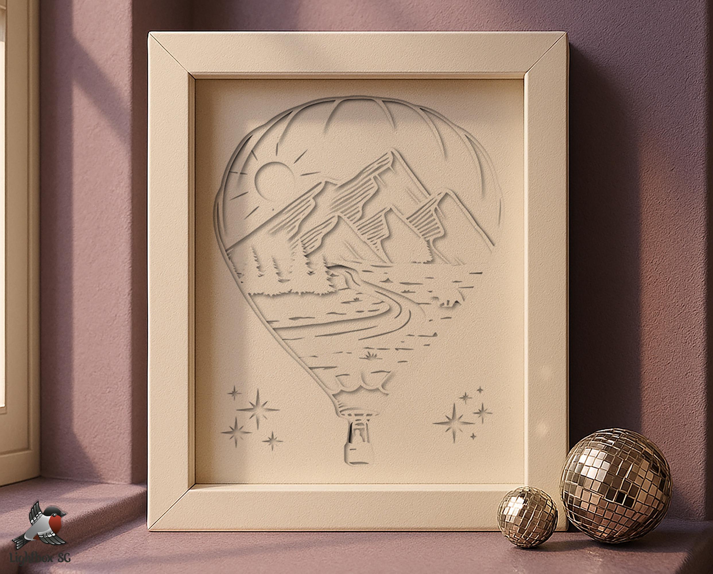 Forest Balloon Shadow Box SVG Template, Mountain River Nature Papercut ...