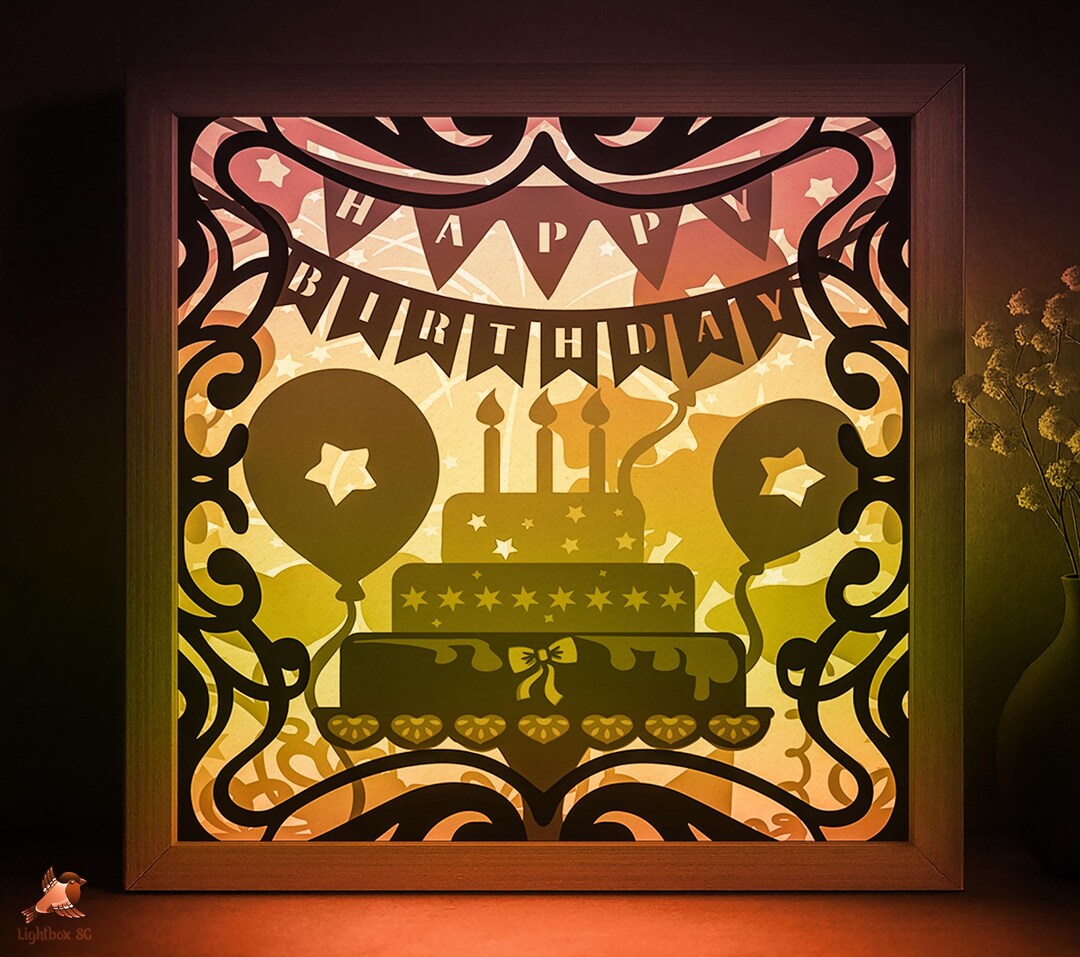 Happy Birthday Shadow Box SVG Template, Party Cake Silhouette Papercut ...