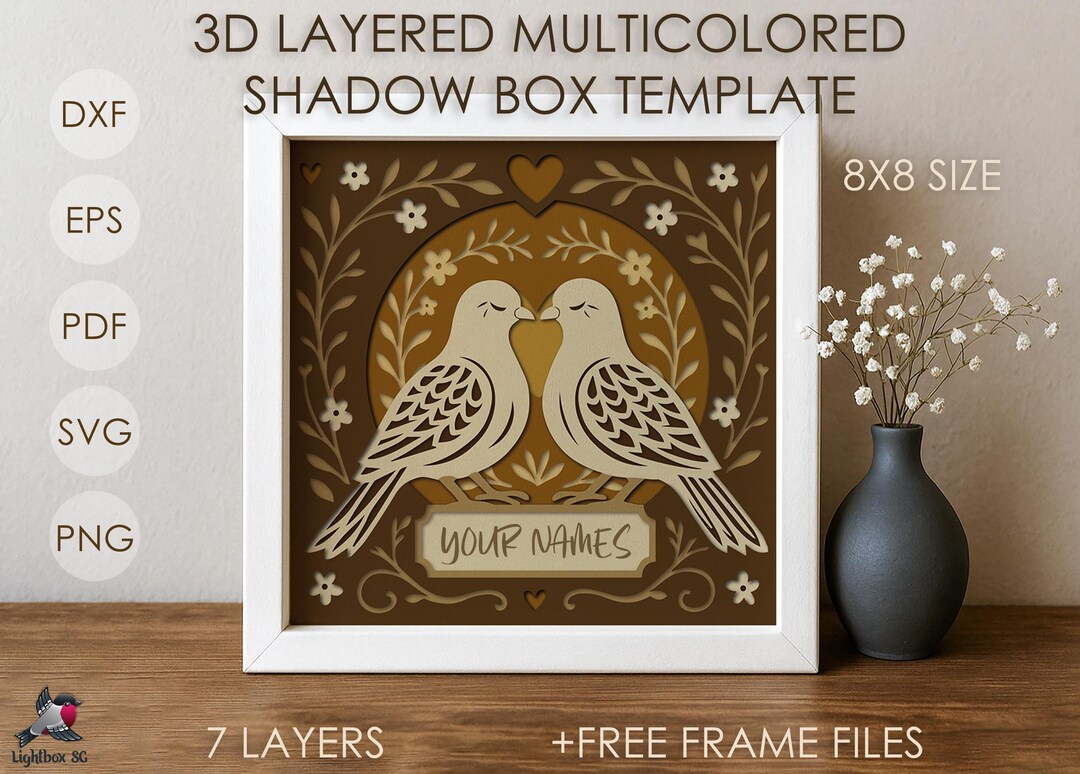 3D Love Birds Shadow Box SVG Template, Wedding Customizable Papercut Lightbox Cricut SVG, 3D ...