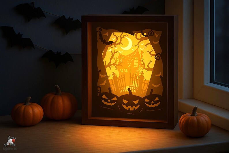 Halloween Shadow Box SVG Template, Haunted House Papercut Lightbox ...