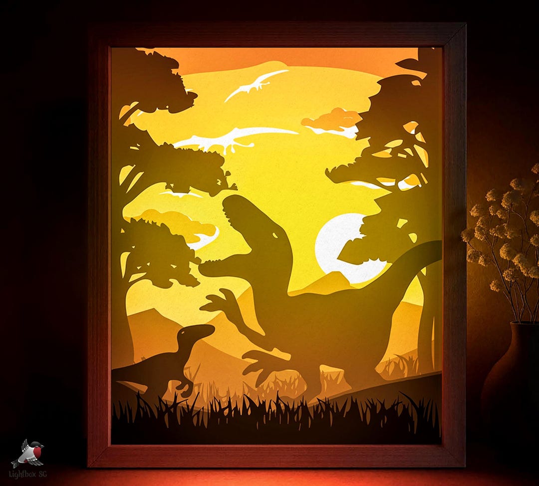 Modèle SVG dinosaure T-rex Shadow box, Jurassic Park Papercut Lightbox cricut SVG, 3D en couches ...