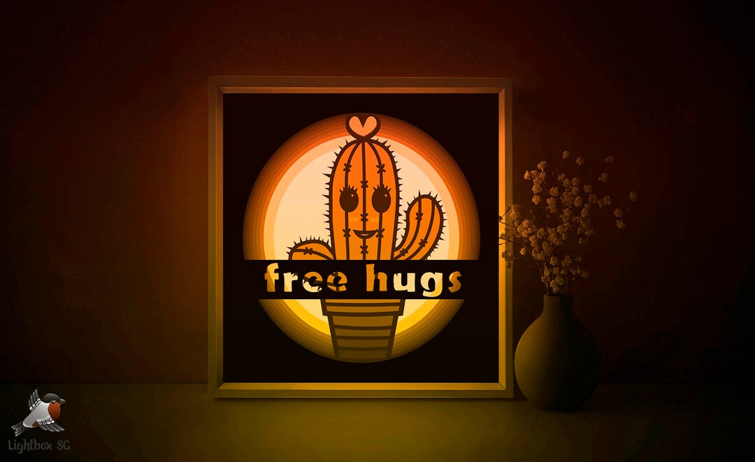 Cute Cactus Shadow Box SVG Template, Free Hugs Papercut Lightbox Cricut ...