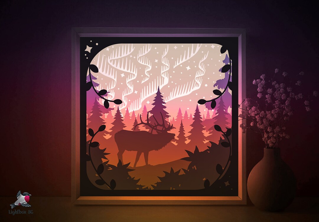 Forest Elk Shadow Box SVG Template, Northern Nature Papercut Lightbox ...